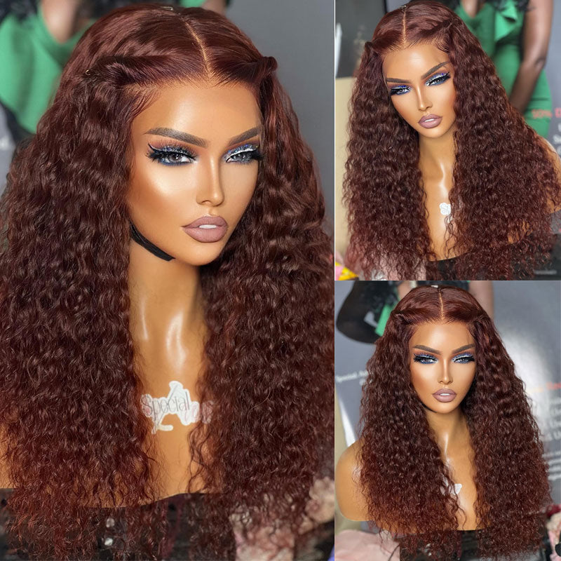 Chestnut Curly Human Hair Wigs 13x4 HD Lace Frontal/4x4 HD Lace Closur ...